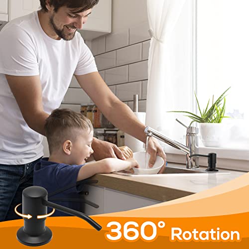 Built in Soap Dispenser for Kitchen Sink Matte Black Soap Dispenser Pump Stainless Steel Pump Head, Counter Soap Dispenser Refill from The Top with 17 Ounce PE Bottle
