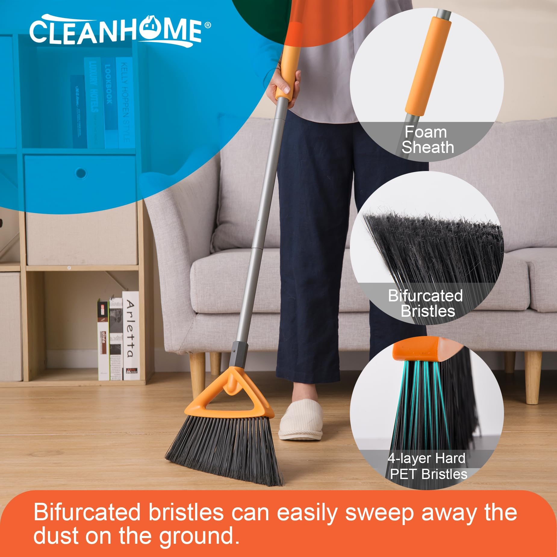 CLEANHOME Heavy Duty Broom with Dustpan Combo Set Indoor and Outdoor Dual Purpose,Stiff Bristle Commercial Angle Broom and Standing Dust Pans with Long Handle for Sweeping Home,Kitchen,Yard,Grey
