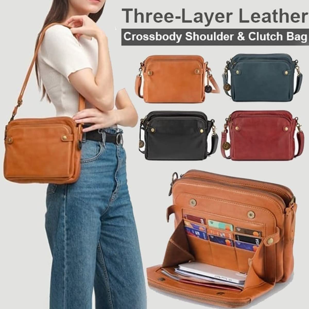 BALINS 2023 New Three-Layer Crossbody Leather Shoulder Bag, Womens Shoulder Bag and Clutch Bag, Womens Leather Shoulder Bag (Brown)