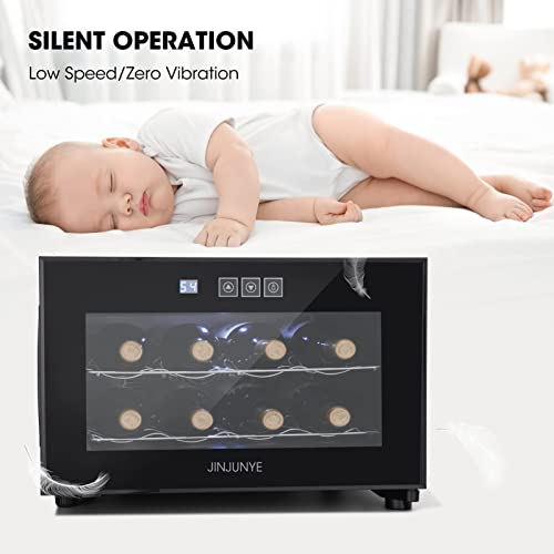 JINJUNYE 8 Bottle Wine Cooler Refrigerator, Wine Fridge Small, Countertop Wine Cooler with Digital Temperature Control, 46-64℉ Mini Freestanding Wine Cellars Glass Door, Gift for Wine Lover