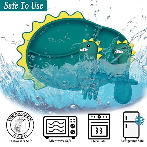 KAVONOI Baby Feeding Set,Silicone Suction Plate Dinosaur Shape SelfFeeding Adjustable Bib, Suction Plate for Baby Toddler with Spoon Fork Adjustable Bib Set -Blue Dinosaurs