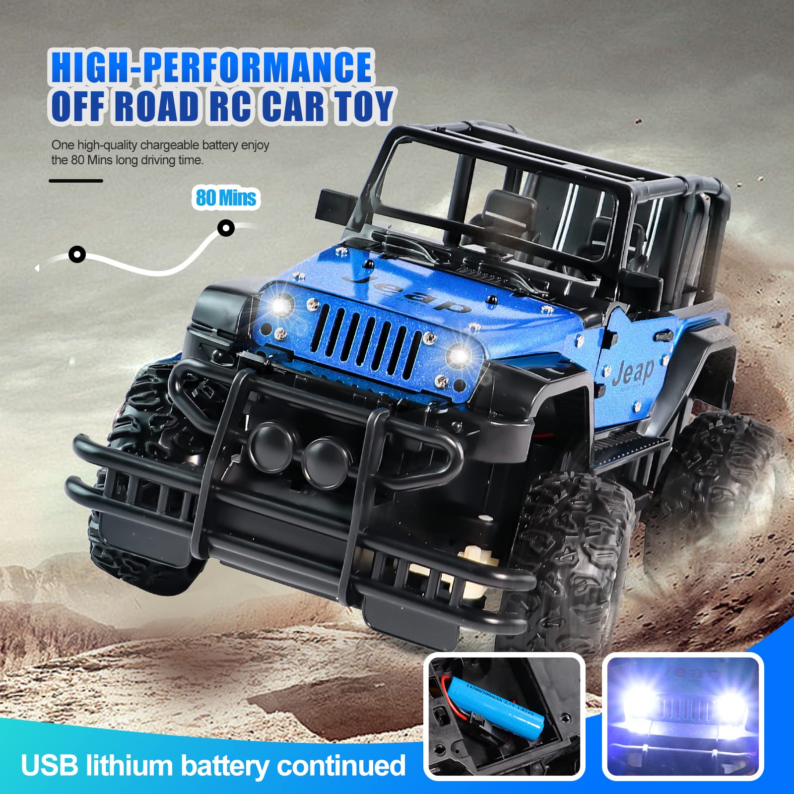 bibisash 1:20 Scale Remote Control Car, Non-Slip Off-Road Toy Car with Friction Powered Wheels & Openable Doors, RC Jeep Toy for Kids & Children (Blue