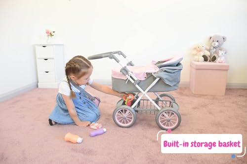 KOOKAMUNGA KIDS Baby Doll Stroller - Foldable Baby Stroller for Dolls - Play Stroller & Bassinet w/Retractable Canopy - Diaper Bag - Adjustable Soft Grip Handle - Ideal for 16” 18” & 20” Dolls