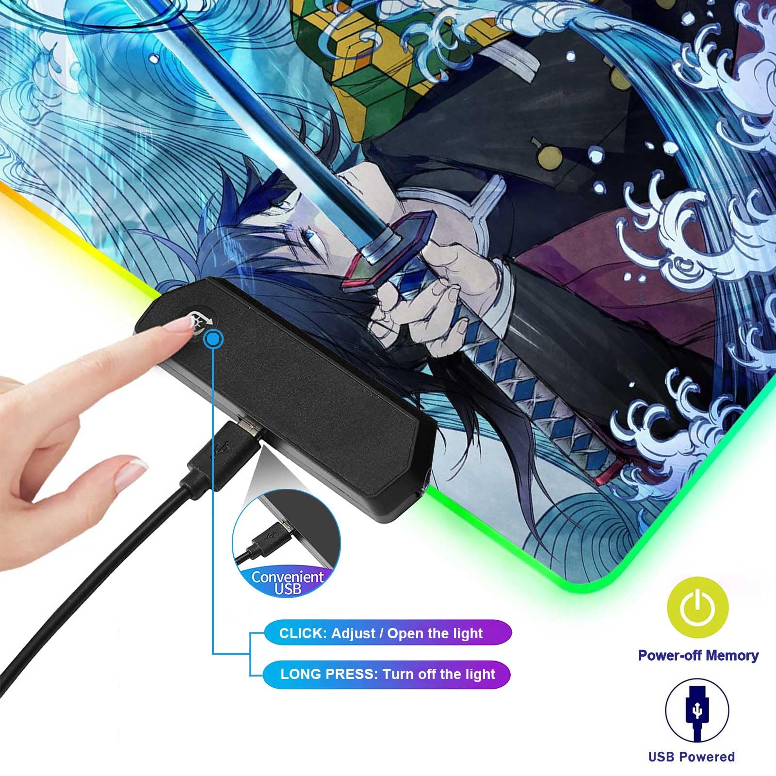 RGB Large Gaming Mouse Pad Anime Giyu Sword,Laptop Desk Pad,Mousepad with Stitched Edge Frame & Non-Slip Rubber Base,Computer Keyboard and Mice Pads Mouse Mat 31.5X15.7