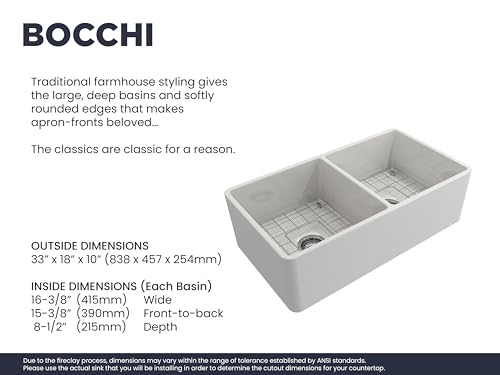 BOCCHI Classico Farmhouse Apron Front Fireclay 33 in. Double Bowl Kitchen Sink with Protective Bottom Grid and Strainer in White