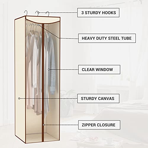 STORAGE MANIAC 2-Pack Hanging Garment Bag, Long Garment Cover for Closet, Clear Garment Bags for Storage, Large Garment Storage Bag for Dresses, Suits, Gown, Coat, Uniforms, Zipper Cover with Sealed Clear Window, Beige