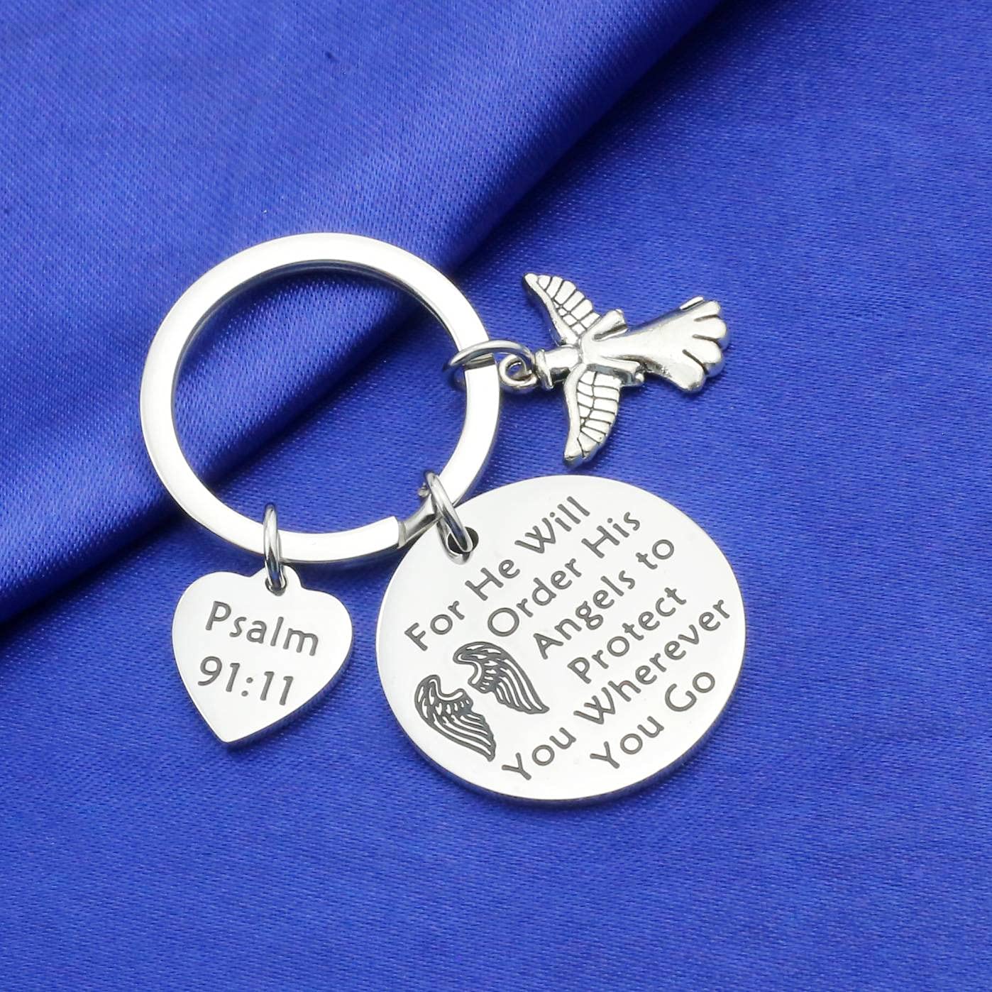 Bible Verse Keychain for He Will Order His Angels to Protect You Wherever You Go Religious Jewelry Christian Gift (silver)