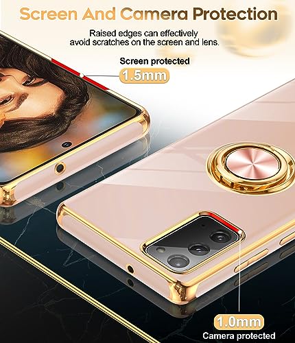 LeYi for Galaxy Note 20 Case: 360° Rotatable Ring Holder Magnetic Kickstand, Plating Rose Gold Edge Protective Samsung Galaxy Note 20 Case, Pink