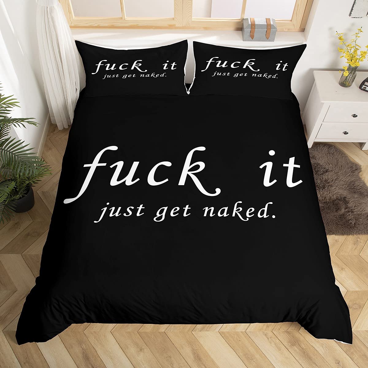 Feelyou Funny Quotes Bedding Set Get Naked Comforter Cover for Couple Lover Men Women Romantic Duvet Cover Black and White Creative Words Room Decor 3Pcs with 2 Pillow Case King Size (No Comforter)
