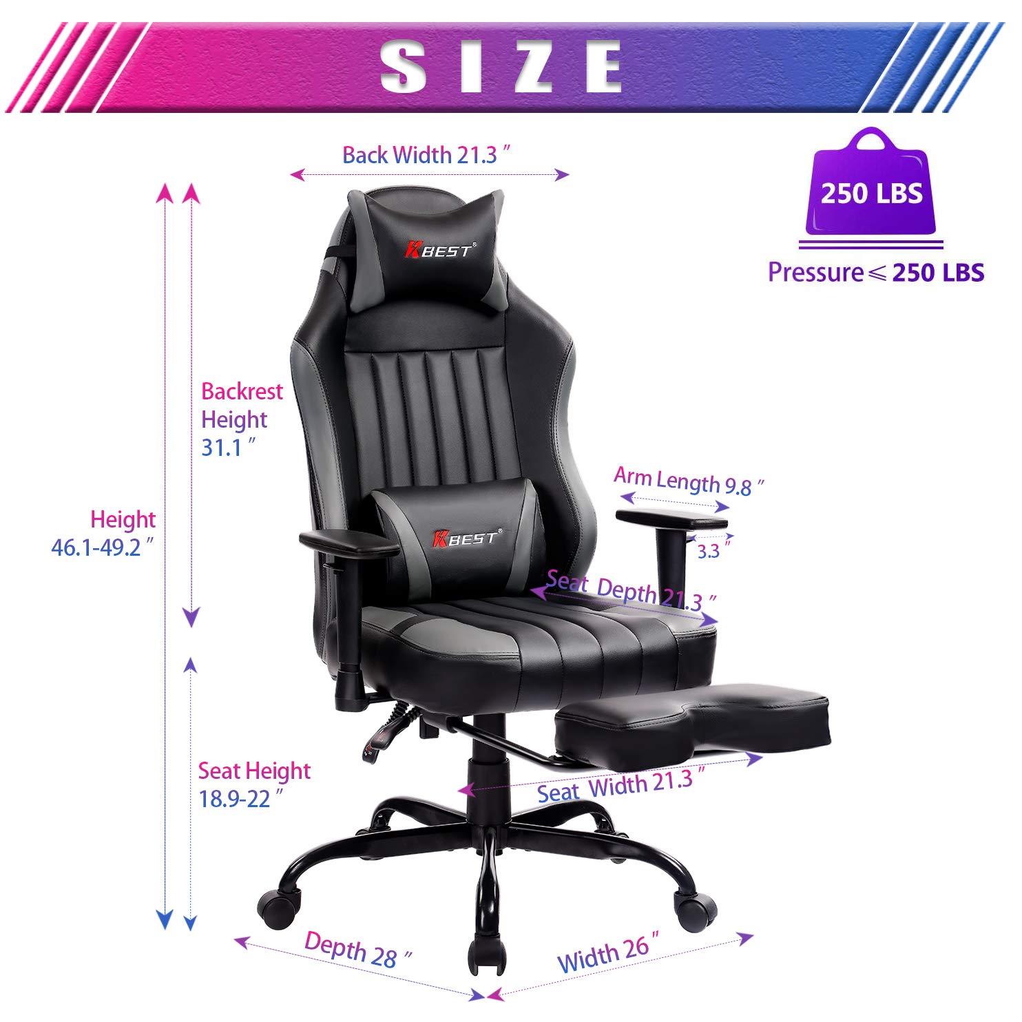 KBest Massage Gaming Chair - High Back Racing PC Computer Desk Office Chair Swivel Ergonomic Executive Leather Chair with Adjustable Back Angle, Armrests and Footrest (Gray)