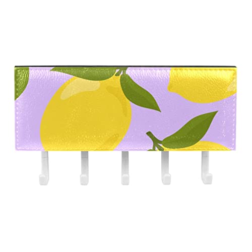 Colorful Hand Drawn Lemon Pattern Mail Holder Organizer and Key Hooks PU Front, Self Adhesive Key Rack with 5 Hooks Perfect for Entryway, Hallway,Bathroom ,Kitchen