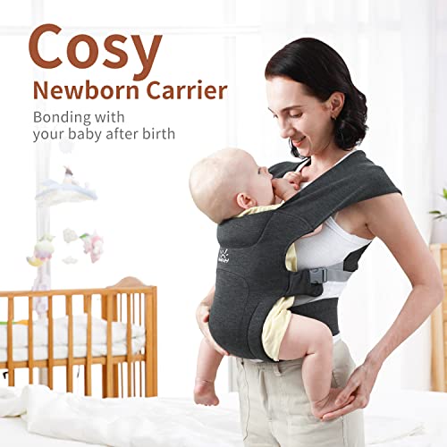 Newborn Carrier, MOMTORY Baby Carrier(7-25lbs), Cozy Baby Wrap Carrier, with Hook&Loop for Easily Adjustable, Soft Fabric, Deep Grey