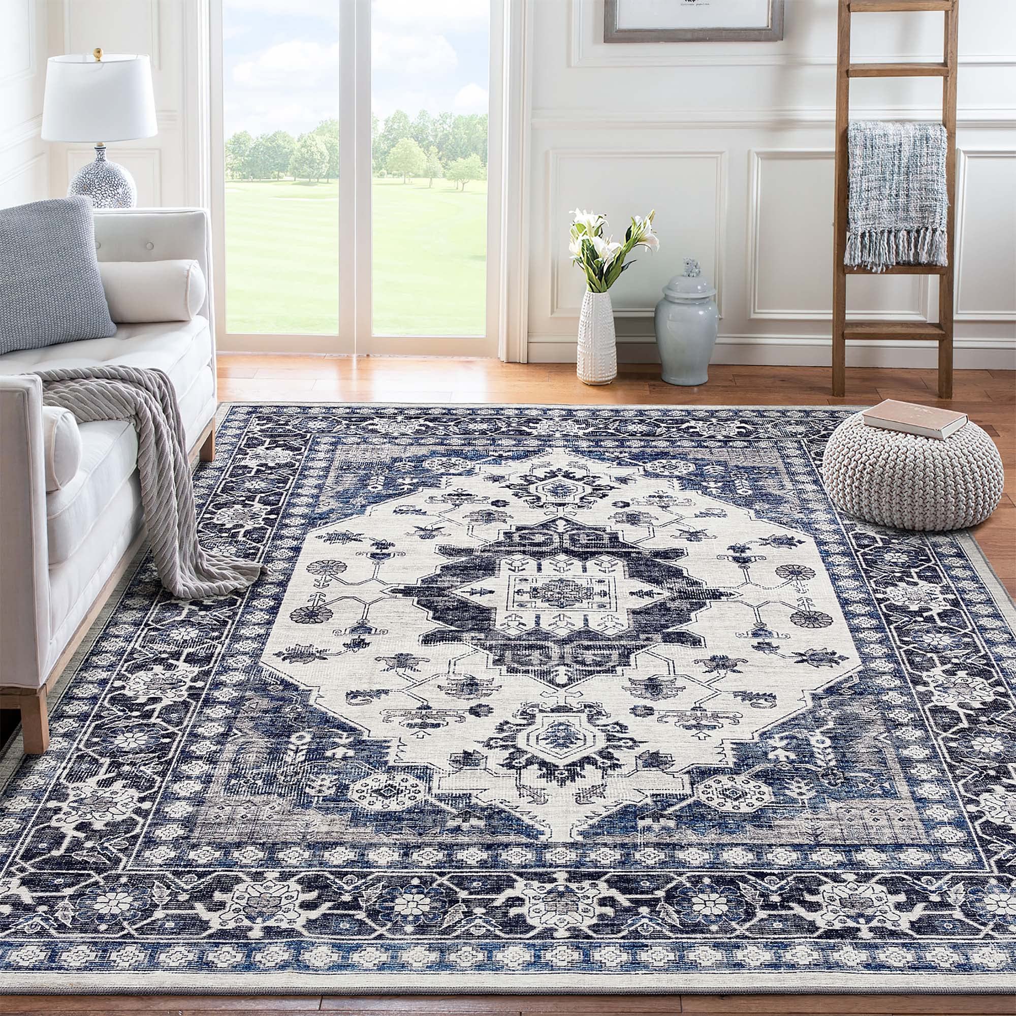 Area Rug Living Room Rugs: 9x12 Large Machine Washable Boho Carpet Vintage Medallion Floral Indoor Non Slip Decor Carpets for Under Dining Table Bedroom Farmhouse Nursery Home Office Blue