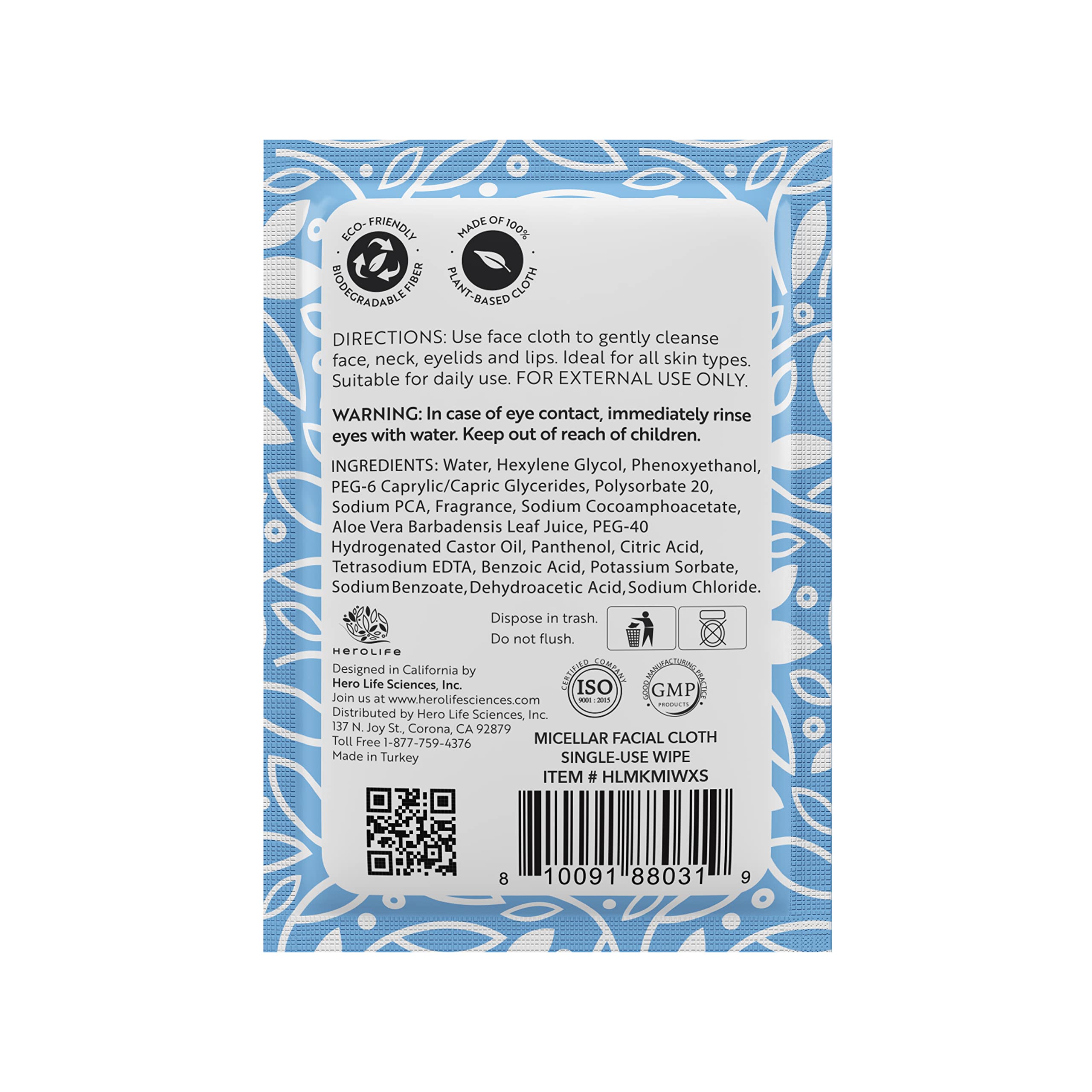 HEROLIFE Micellar Makeup Remover Cleansing Facial Cloths,Pre-moistened, Single-Use, , 1 pack of 40, Large size 7.1β x 7.5β Biodegradable individually Wrapped Wipes formulated with Plant-Based derived ingredients