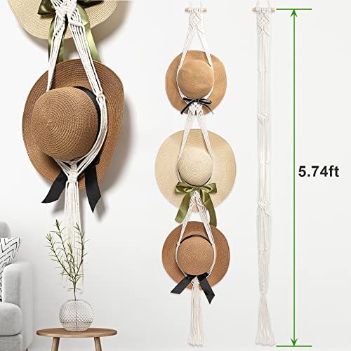 COCHIE 2 Pack Hat Rack Boho Handmade Hat Hangers Adjustable for Wall Decoration, Hat Organizer Holds 6 Different sized Hats Display for Women Men(Beige,5.74 Ft)