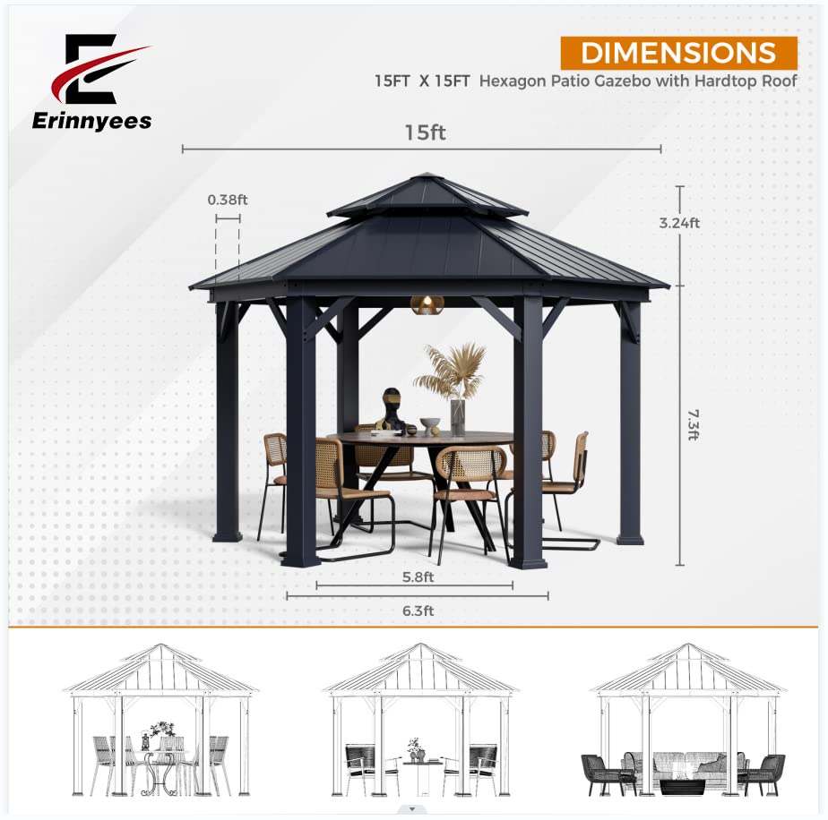 Erinnyees 15' x 15' Hardtop Gazebo, Hexagonal Gazebo with Galvanized Steel Double Roof, Aluminum Frame, Patio Gazebo for Deck, Backyard, Patio, Lawns