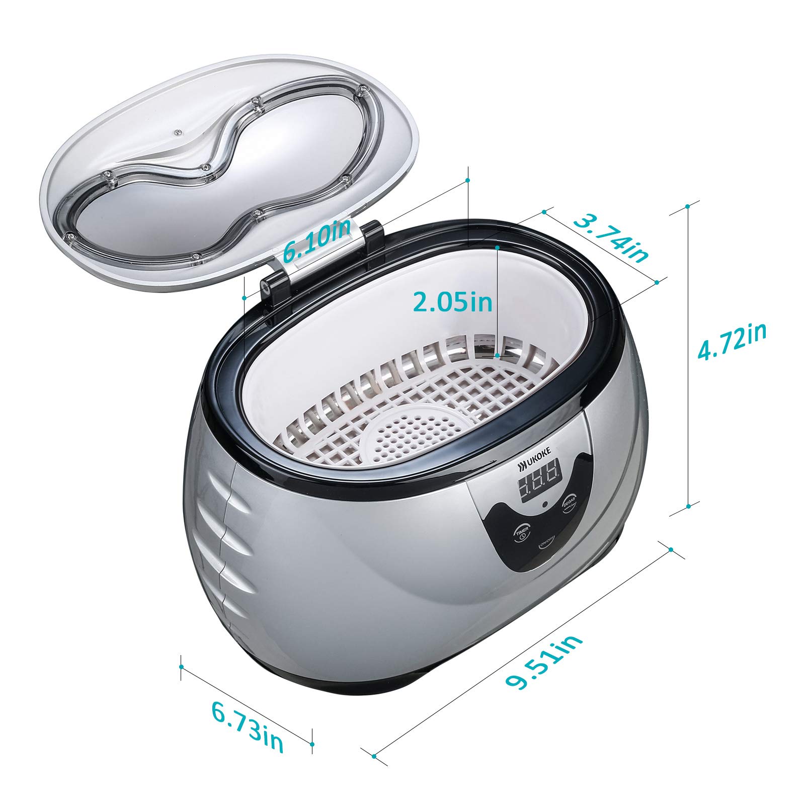 UKOKE 3800S, Professional Jewelry Timer, Portable Household Ultrasonic Cleaning Machine, Eyeglasses Denture Cleaner, 0.6 L, Silver