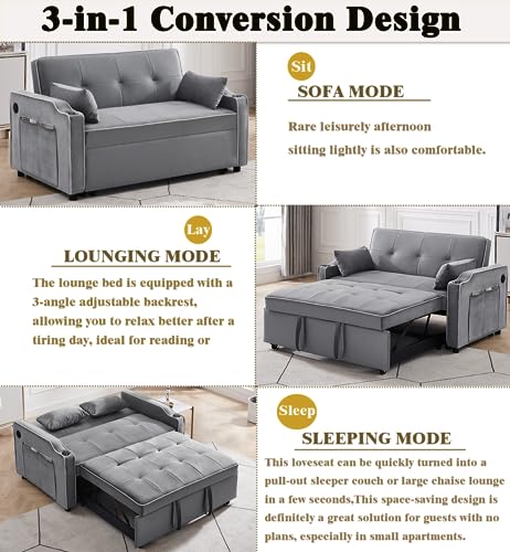 Convertible Futon Couch with USB Ports,Velvet Pull Out Sleeper Sofa Bed with Cup Holders and Pockets,3 in 1 Modern Loveseat with Adjustable Backrest,Small Love Seat for Living Room,Office,Grey
