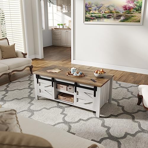 Furmax Coffee Table with Storage and Sliding Barn Doors, Farmhouse Living Room Table with Adjustable Shelves, Wood Rustic Center Table for Home Living Meeting Room (Antique White)