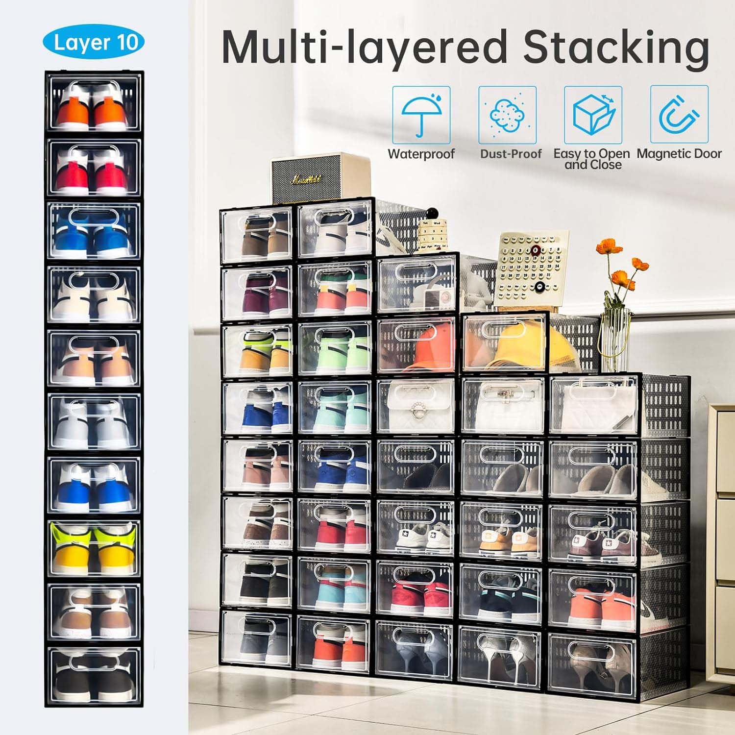 Clemate 15 Pack Shoe Storage Boxes, Clear Plastic Stackable Shoe Organizer for Closet, Shoe Box with Magnetic Door, Foldable Shoe Storage Bin, Sneaker Storage Box Shoe Rack Container Holder