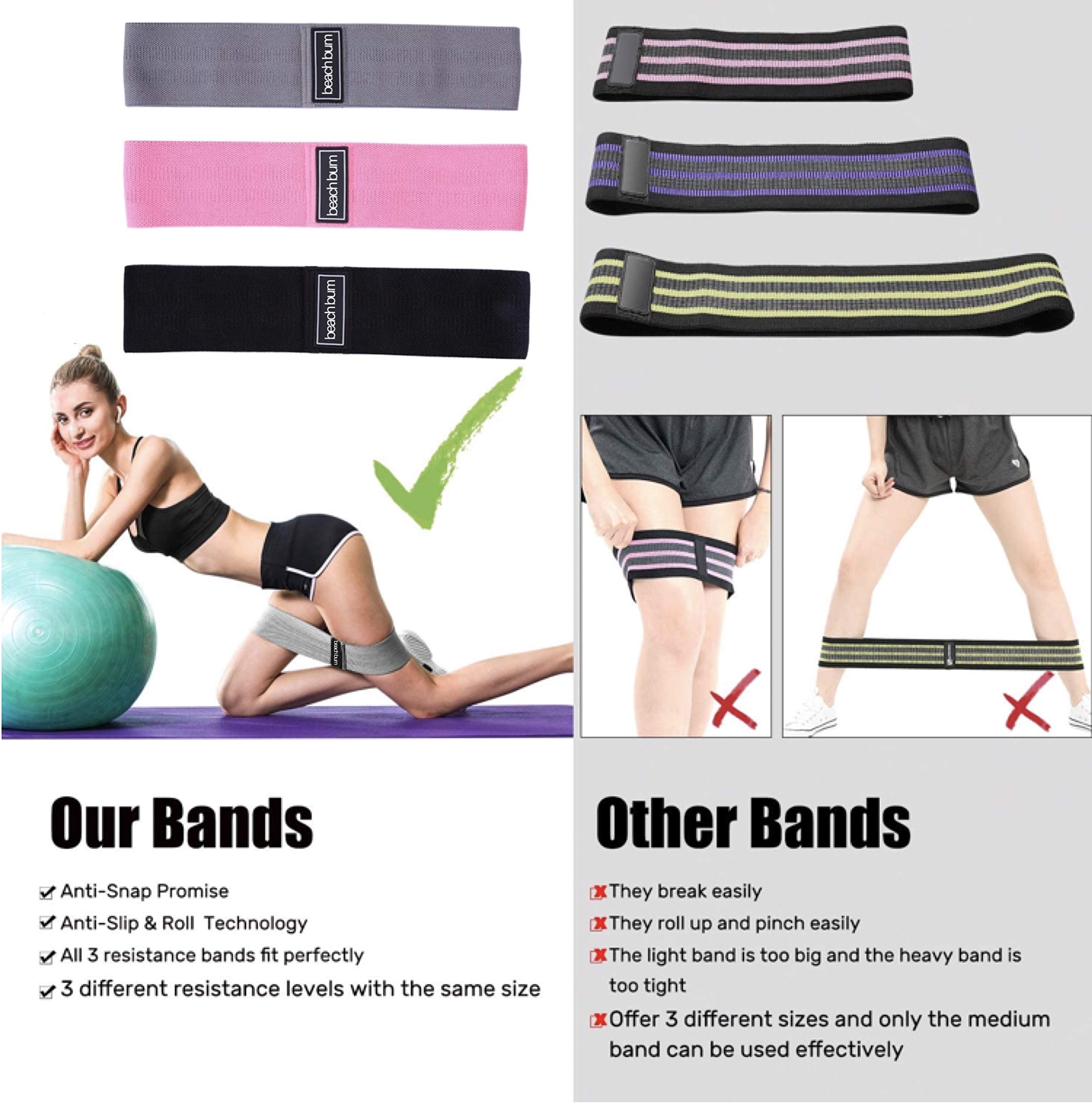 BEACH BUM Resistance Bands for Legs and Butt, Fabric Booty Bands, 3-Set Exercise Bands for Toning, Sculpting, Strength Training, Fitness, Squats, Lunges, Pilates, Yoga, Stretching, Glutes, Abs, Hips