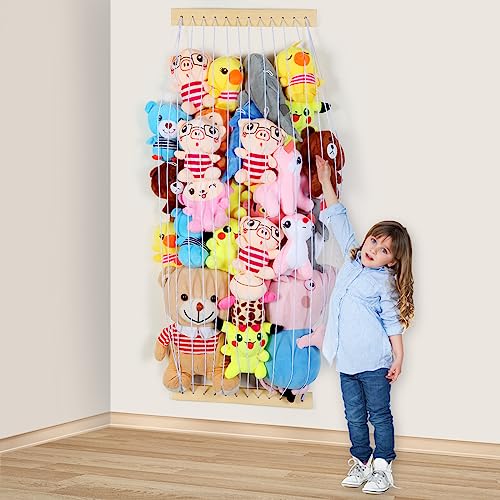 Stuffed Animal Storage Hammock Wooden Plush Toy Organizer for Kids Room Décor, Playroom Nursury Plush Toys Storage Caddy, Decoration Wall Hanging Stuffed Animal Net or Hammock Corner