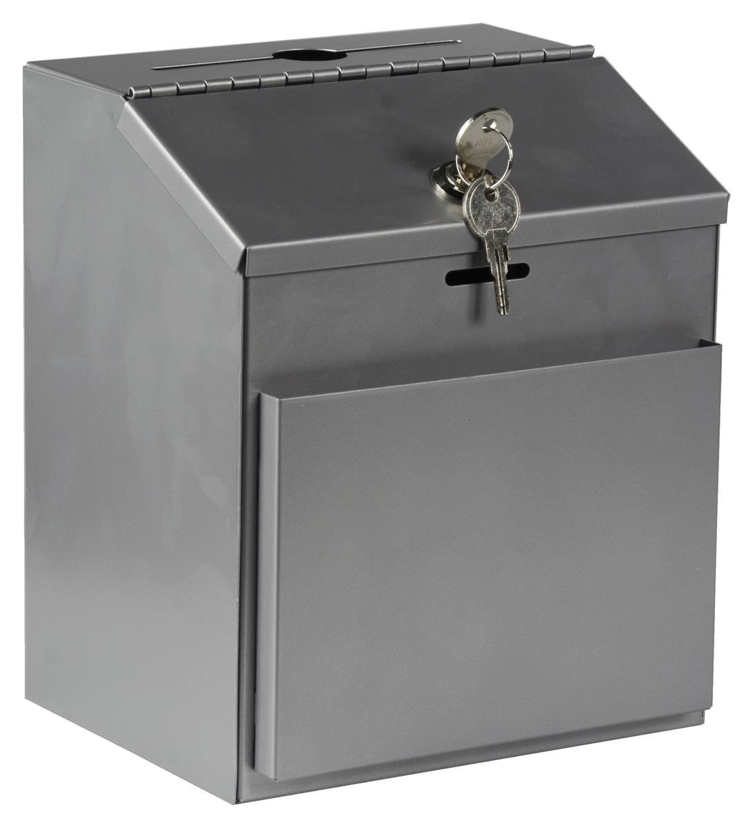 Ballot Box with Locking Hinged Lid and Side Pocket for Forms (Not Included), Metal Suggestion Box for Tabletop or Wall Mount Use, Silver