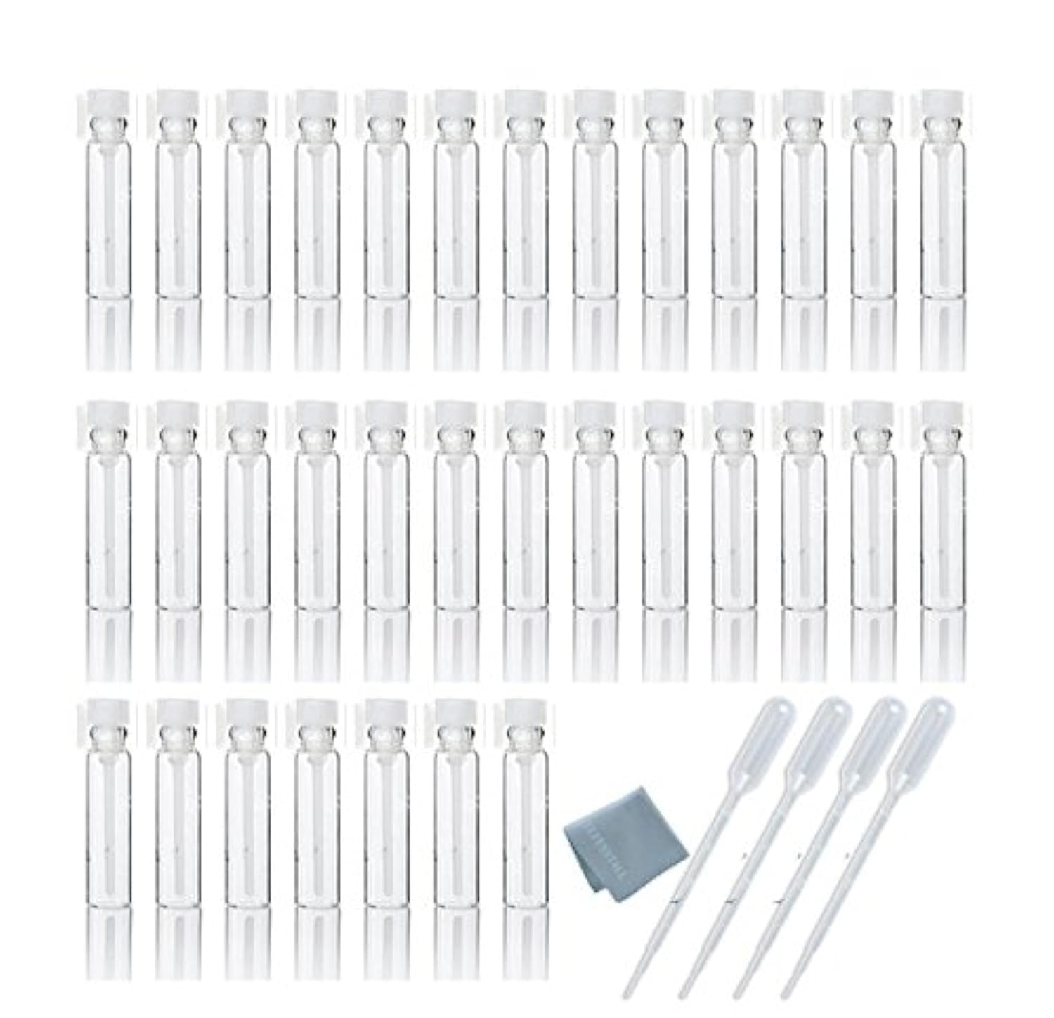 Elfensatll- 100PCS Transparent Clear 1ml 1/4 Dram Empty Glass Sample Vials With 0.5ml 10pcs Pipettes Droppers for Party Makeup Tool Essential Oils Aromatherapy Perfume Cologne