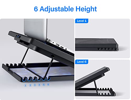 Kootek Laptop Cooling Pad 12"-17" Cooler Pad Chill Mat 5 Quiet Fans LED Lights and 2 USB 2.0 Ports Adjustable Mounts Laptop Stand Height Angle, Blue