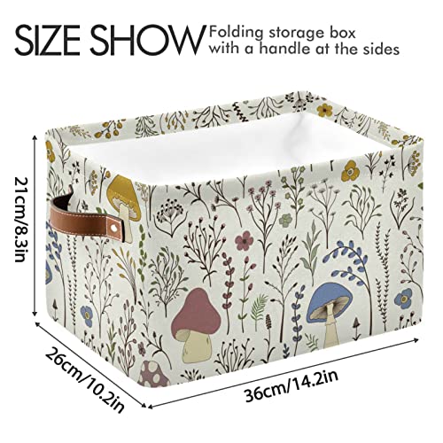 Kigai Mushroom Storage Basket Collapsible Rectangle Storage Bin Shelves Basket Organizer with Leather Handle for Closet, Office, Nursery, Home Decor