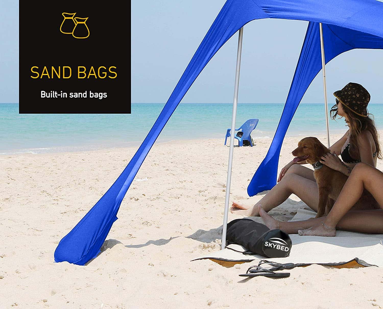 Beach Shade Sun Shelter by Skybed with Built-in Sand Bags - Lightweight, Durable, Small Pack Size - Fits in Carry-On Luggage - Easy, Simple Setup (Extra Large (9'x9' - 90" Poles), Pacific Blue)