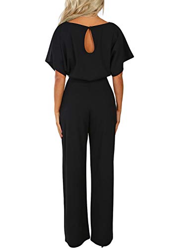 Happy Sailed Women Casual Loose Short Sleeve Belted Wide Leg Pant Romper Jumpsuits Medium Black