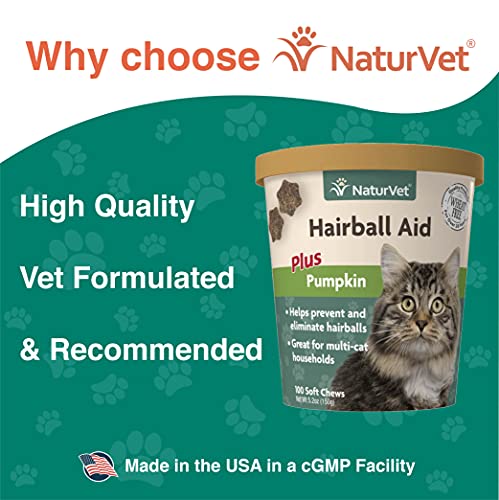NaturVet β Hairball Aid Supplement for Cats - Plus Pumpkin β Helps Eliminate & Prevent Hairballs β 100 Soft Chews