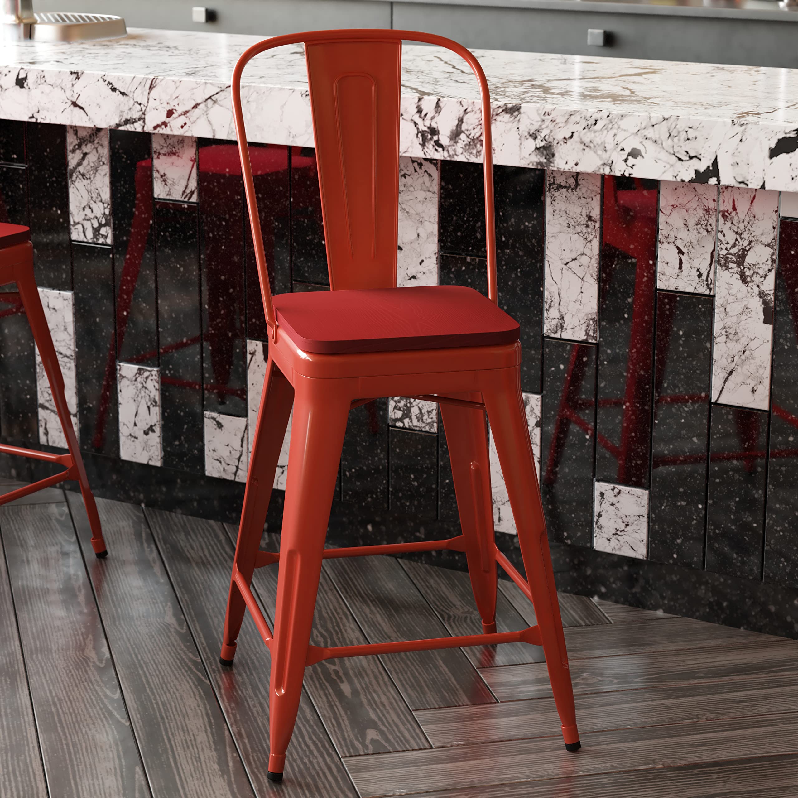 EMMA + OLIVER Kam 24" High Counter Stool - Red Metal Frame - Red Polyresin Seat - Removable Backrest - for Indoor/Outdoor Use