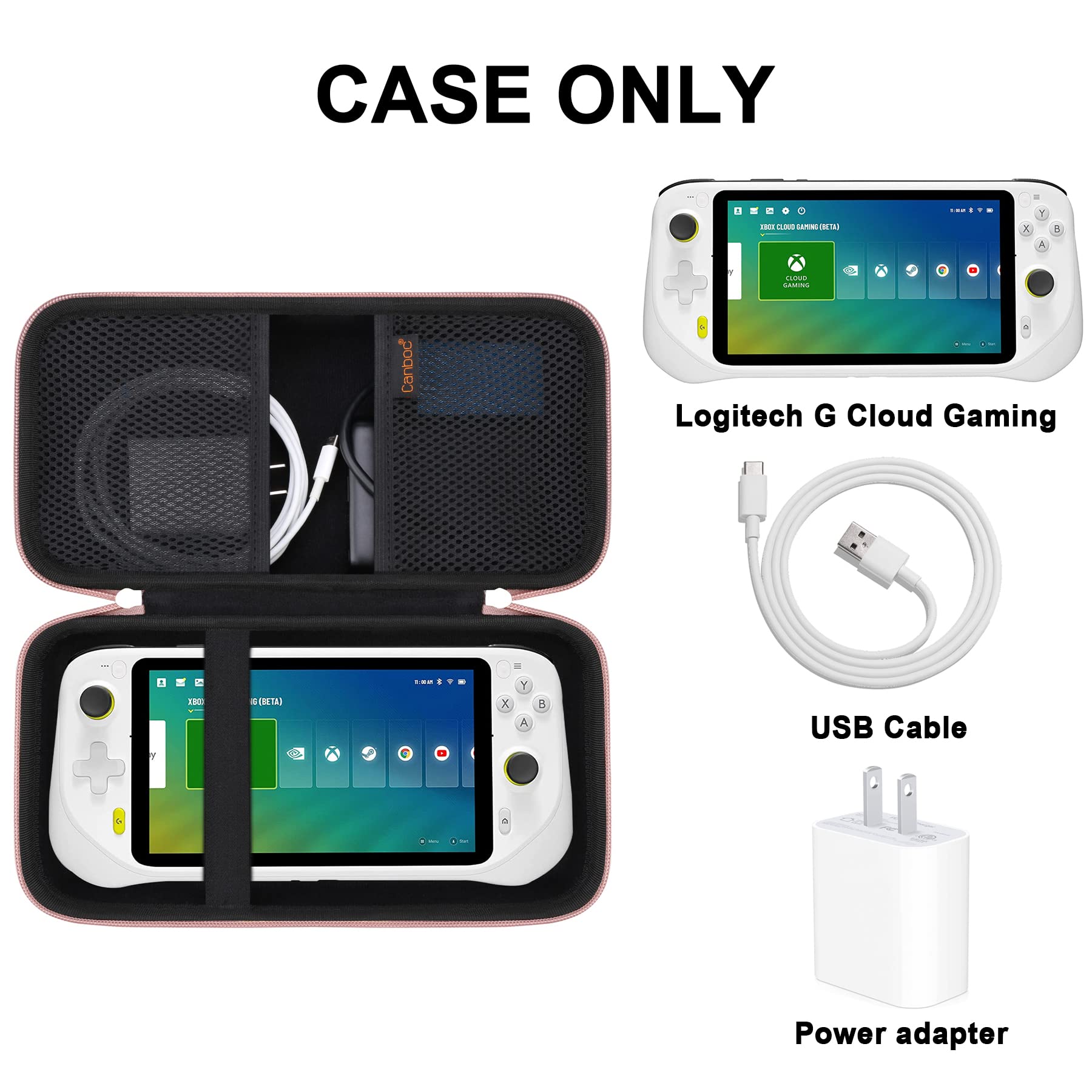 Canboc Hard Carrying Case for Logitech G Cloud Gaming Handheld, Mesh Bag fit Power Adaptor, USB Cable, Portable Gaming Console Bag, Rose Gold(Case Only)