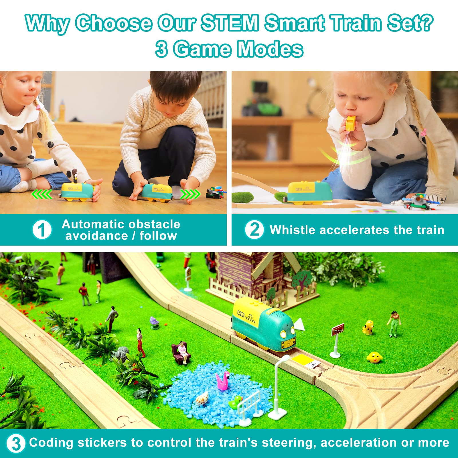 Robobloq Coding Train Set, 22 Functions Lights & Music, 3 Modes, Compatible to Major Wooden Train Tracks and Building Blocks, Great Gifts of STEM Toys for Children Aged 3-7