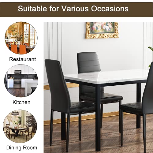 Lamerge Kitchen Tables Set for 4, Dining Faux Marble Top Table and 4 PU Leather Chairs, 5 Pieces Dining Room Table Set for Small Space, Breakfast Nook and Apartment, Black