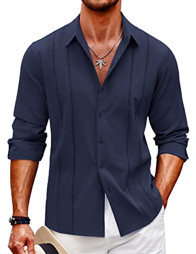 COOFANDY Men's Cuban Guayabera Shirts Casual Long Sleeve Button Down Shirt Summer Beach Tops Navy Blue