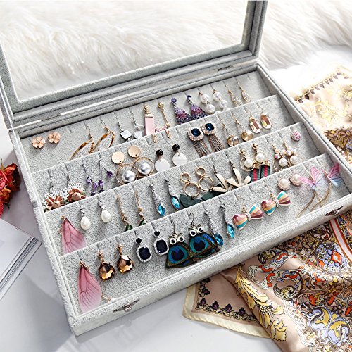 Wudygirl Velvet Clear Lid Earring Box Organizer Storage 32 Pairs Earrings Stud Tray Showcase Display Case(Earring Storage)