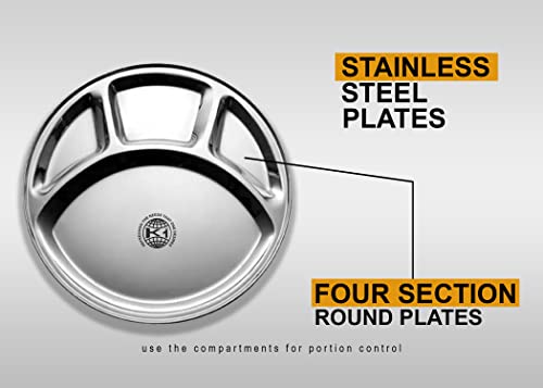 King International Stainless Steel Plates, Divided Indian Dinner Plate,Four Section Round Plates Set Of 4, 12'', Section Control Plate, Kids Plate, Indian Thali Plate