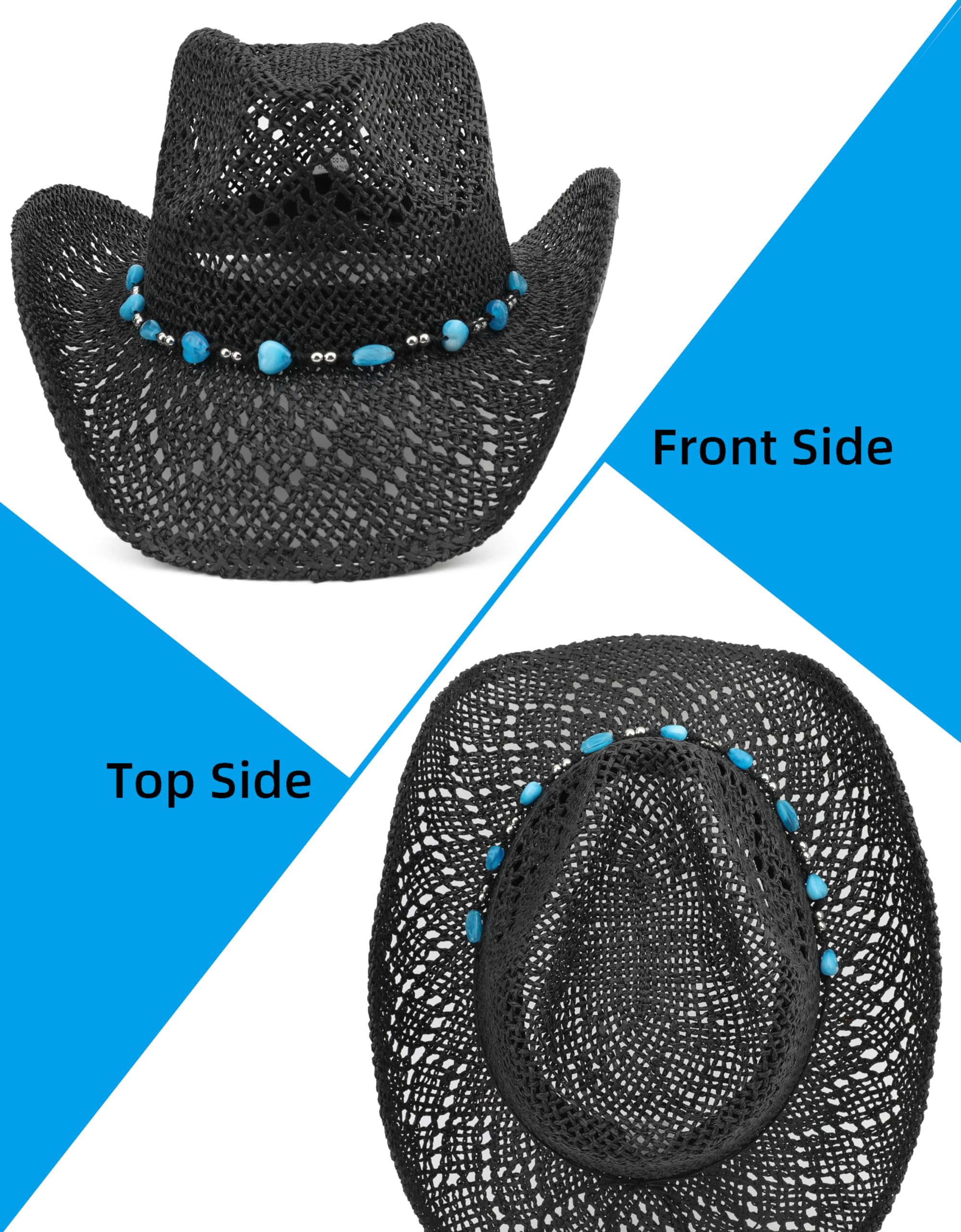 BESOOGII Straw Beach Cowboy Hat for Women Shapeable Brim Western Cowgirl Hat (US, Alpha, One Size, Black)