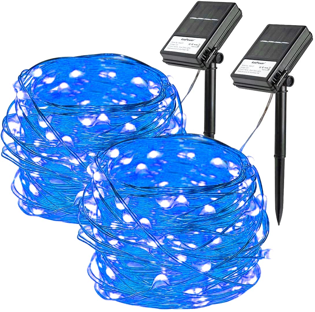 koopower 2 Pack Solar String Lights UL Certified, 33ft 8 Modes Copper Wire Blue Lights Solar/Battery Powered Outdoor String Lights Waterproof Fairy Lights for Xmas Tree Garden Home Ambiance Wedding