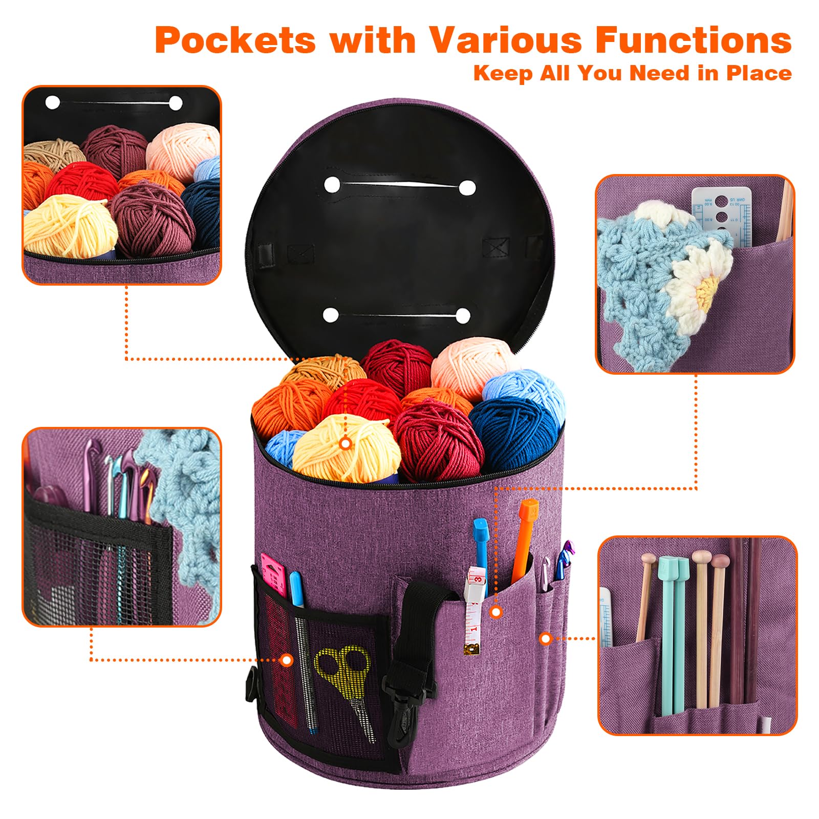 Crochet Bag for Yarn Storage, WITSTEP Knitting Needle Organizer Bag, Crochet Tote Bag Holder with Front Pocket for Store Yarn, Knitting Needle, Crochet Hooks