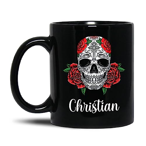 Esezon Name Mug, Skull Cup, Personalized Red Rose And Skull Coffee Mug, Gifts For Halloween, Skull Floral Ceramic Mug, Customized Skull Floral Cup Gifts For Him Her With Name, Black Cup 11oz or 15oz