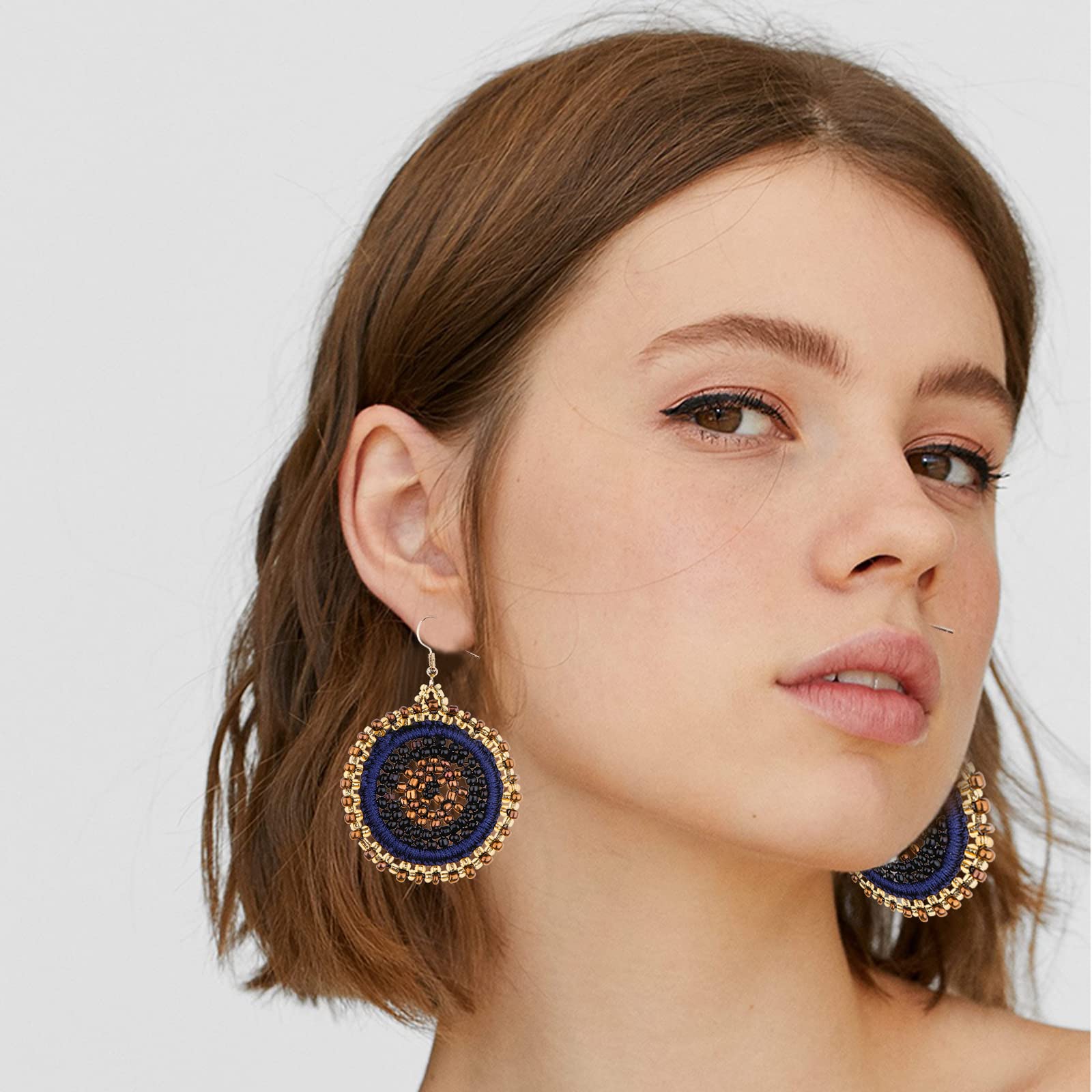 Beaded Earrings for Women Dangling Handmade Beads Statement Earrings Summer Jewelry for Women (Dark blue)