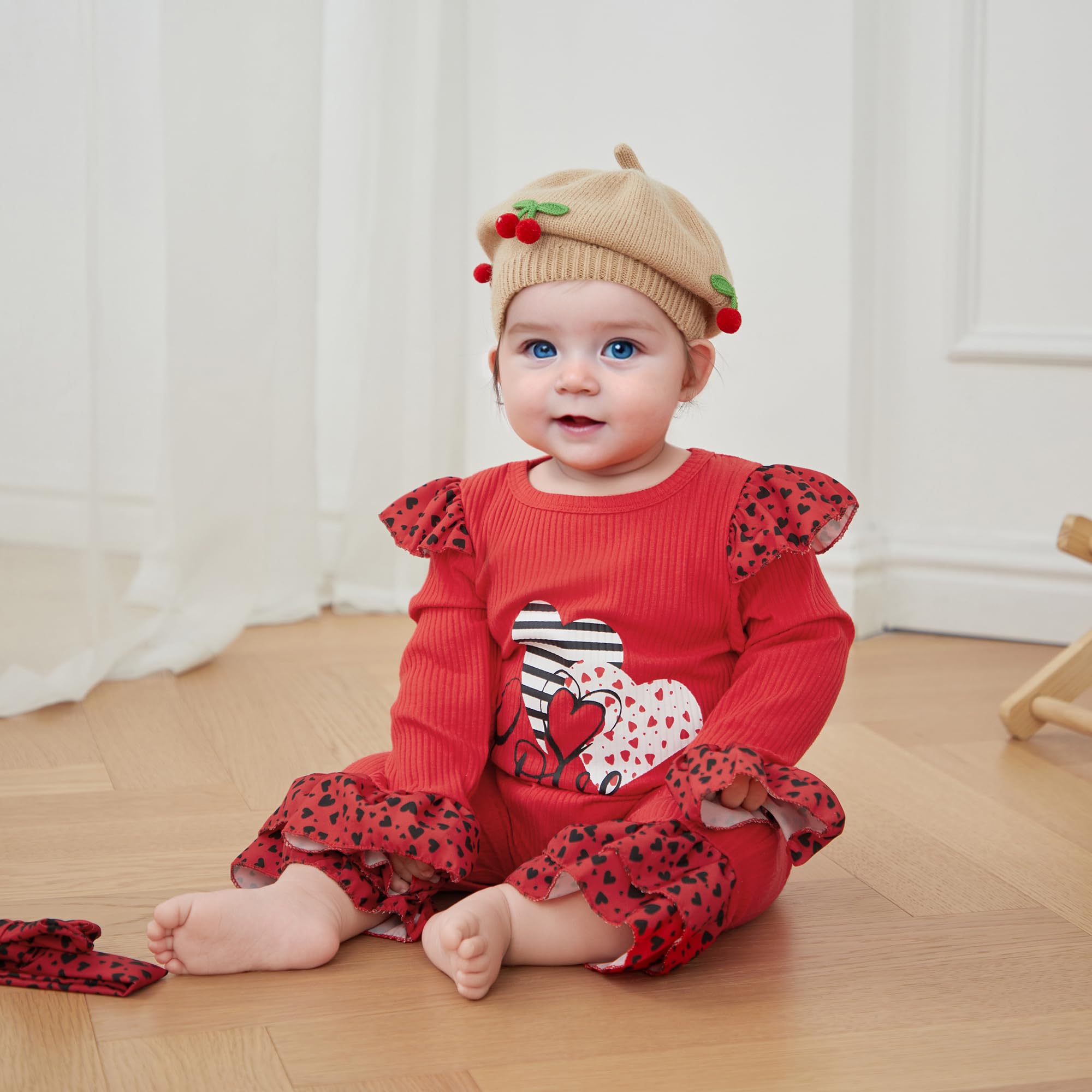 Emmababy Valentines Day Outfit Baby Girl Flared Jumpsuit Heart Print Ruffle Romper Long Sleeve Playsuit Bodysuit Headbands (red, 0-3 Months)