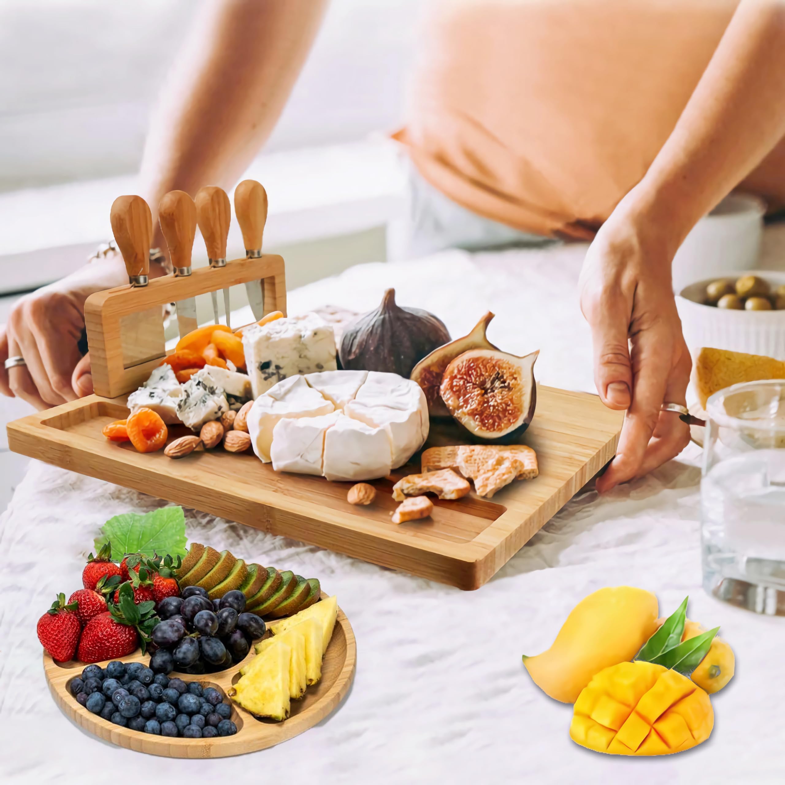 Cheese Board and Knife Set,Bamboo Charcuterie Board Set with Round Tray,Cheese Platter Serving Tray,Cheese Plate Set,Perfect, Birthday,Housewarming