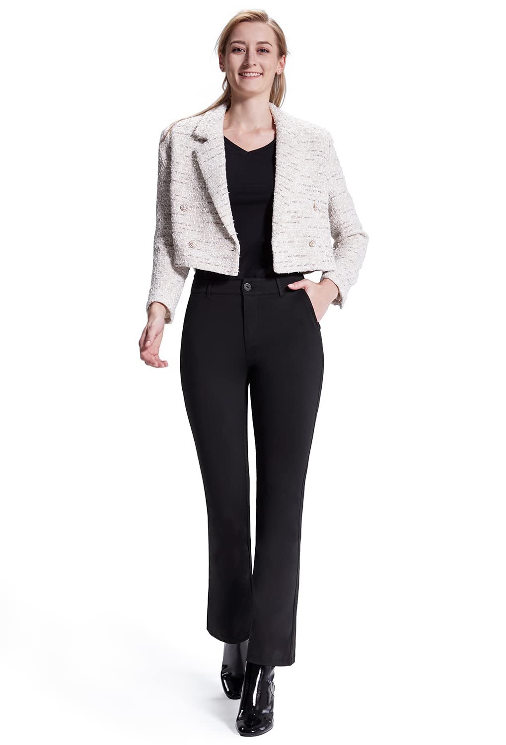 Bamans Womens Dress Pants Wide Leg Stretch Work Pants Skinny Golf Pants with Pockets Black