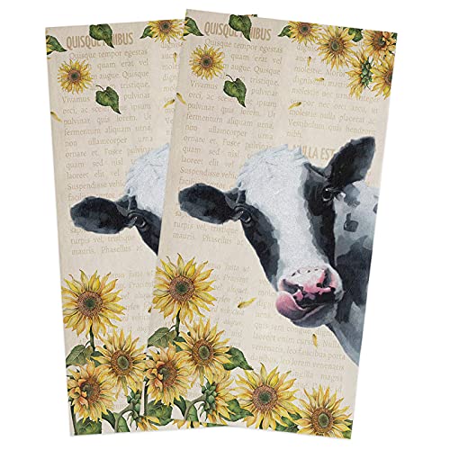Big buy store Sunflower Cow Kitchen Dish Towels Set of 2, Soft Lightweight Microfiber Absorbent Hand Towel Vintage Newspaper Tea Towel for Kitchen Bathroom 18x28in
