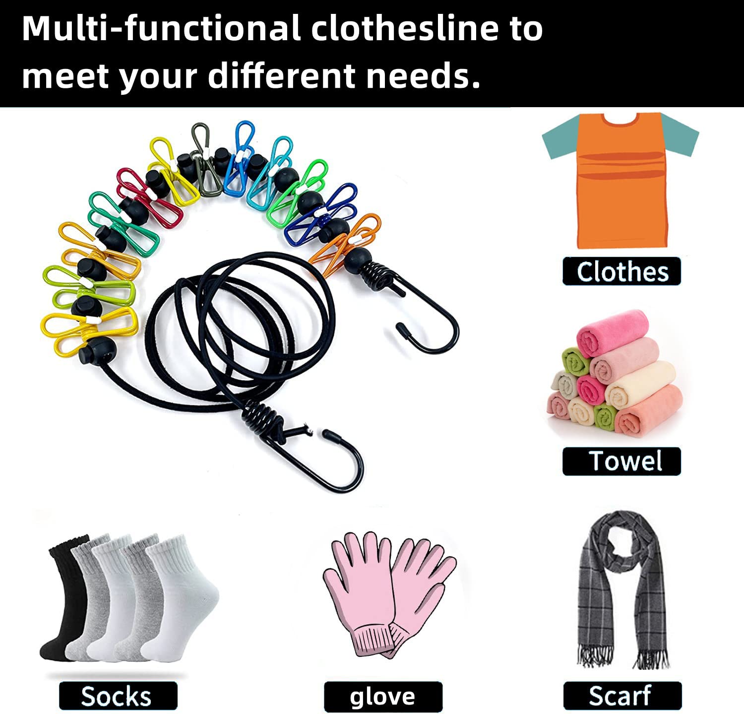 Clothesline,Retractable Portable Clothesline for Travel,Clothing line with 12 Clothes Clips,for Indoor and Outdoor Laundry Drying line,Outdoor Camping Accessories